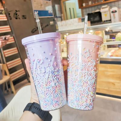 China Double Wall Plastic Juice Tumbler 550ml with Straw for Girls Minimalist Design for sale