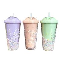 China Double Wall Plastic Juice Tumbler 550ml with Straw for Girls Minimalist Design for sale