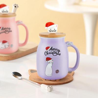 China Customized Logo Acceptable 380ml Ceramic Coffee Cup with Cute Kitten Design and Spoon for sale