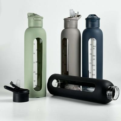 China 700ml 1000ml BPA Free Glass Sport Water Bottle with Straw and Silicone Sleeve for sale