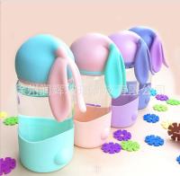 China Wholesale 340ml Bunny Ear Glass Water Bottle with Leakproof Silicone Seal for Children for sale