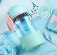 China Wholesale 340ml Bunny Ear Glass Water Bottle with Leakproof Silicone Seal for Children for sale