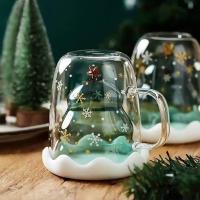 China 300ml Christmas Double Walled Glass Cup with Lid High Borosilicate Heat Resistant for sale