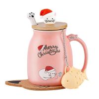 China 380ml Ceramic Christmas Cat Mug with Bamboo Lid and Stainless Steel Spoon for sale