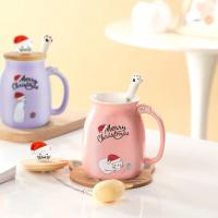 China 380ml Ceramic Christmas Cat Mug with Bamboo Lid and Stainless Steel Spoon for sale