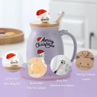 China 380ml Ceramic Christmas Cat Mug with Bamboo Lid and Stainless Steel Spoon for sale