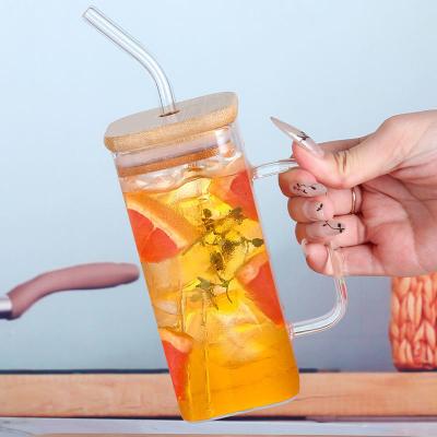China 350ml Clear Square Glass Cup with Bamboo Lid and Straw for Coffee Beer Juice for sale