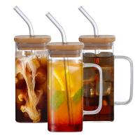 China 350ml Clear Square Glass Cup with Bamboo Lid and Straw for Coffee Beer Juice for sale