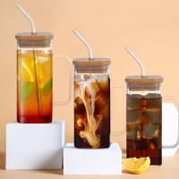 China 350ml Clear Square Glass Cup with Bamboo Lid and Straw for Coffee Beer Juice for sale