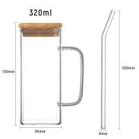China 350ml Clear Square Glass Cup with Bamboo Lid and Straw for Coffee Beer Juice for sale