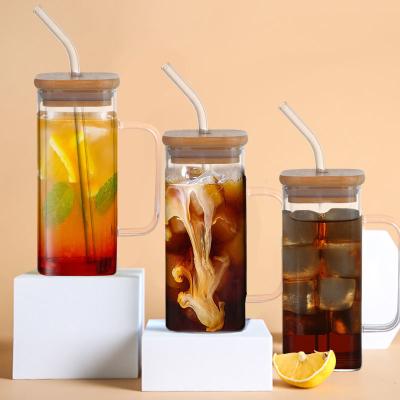 China 320ml Square Glass Cup with Straw Transparent Clear Glassware for Coffee Tea Juice for sale
