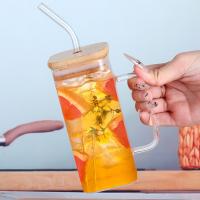 China 320ml Square Glass Cup with Straw Transparent Clear Glassware for Coffee Tea Juice for sale