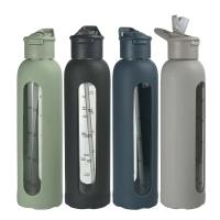China 700ml 1000ml Custom Logo Glass Water Bottle with Silicone Sleeve Time Stamp for sale