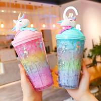 China Unicorn Double Wall Plastic Ice Cup 430ml with Straw Leak Proof Portable Water Bottle for Students for sale