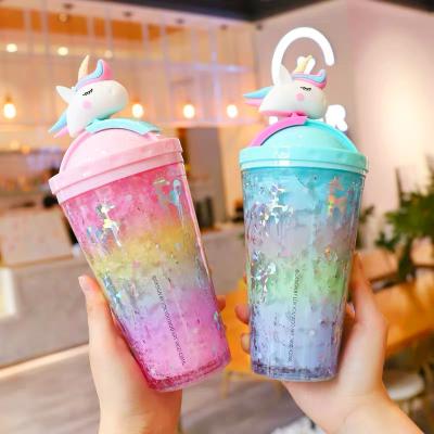 China Unicorn Double Wall Plastic Ice Cup 430ml with Straw Leak Proof Portable Water Bottle for Students for sale