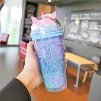 China 430ml Double Wall Unicorn Plastic Water Bottle with Straw and Lid Insulated Cup for Kids Students for sale
