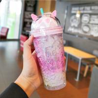 China 430ml Double Wall Unicorn Plastic Water Bottle with Straw and Lid Insulated Cup for Kids Students for sale