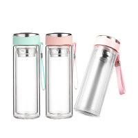 China Custom Logo 320ml Double-Walled Glass Bottle High Borosilicate with PP and 304 Stainless Steel for sale