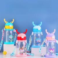 China Custom Logo 600ml Plastic Kids Water Bottle with Straw Cute Cartoon School Drinking Bottle 22.5x8.5cm for sale