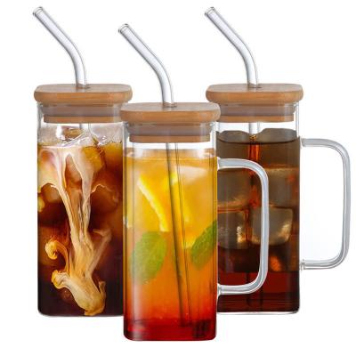 China 350ml Square Glass Cup with Wood Grain Lid Drinking Water Bottle 320ml Capacity for sale