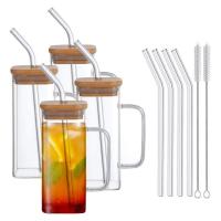 China 350ml Square Glass Cup with Wood Grain Lid Drinking Water Bottle 320ml Capacity for sale