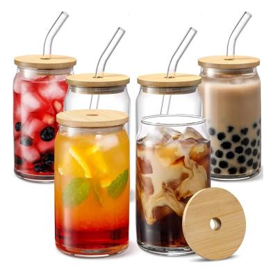 China 16oz Clear Glass Teacup Coffee Bottle with Wooden Lid and Straw 7x7.5x13.5cm for sale
