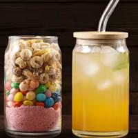 China 16oz Clear Glass Teacup Coffee Bottle with Wooden Lid and Straw 7x7.5x13.5cm for sale