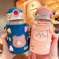 China Wholesale 620ml Plastic Water Bottle with Straw for Kids Students Cute Bear Design Custom Color for sale