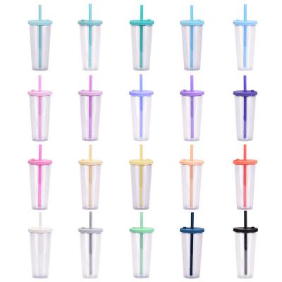 China Reusable Plastic Cup 24oz Double Wall Tumbler with Straw Custom Logo Multi Color for sale