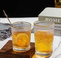 China Vintage Gold Rimmed Glass Mug Sunflower Design 300ML 380ML Classic Style for sale