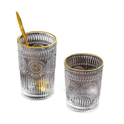 China Crystal Clear Sunflower Whiskey Coffee Water Glass Mug Tumbler 300ml 380ml Gold Rim for sale