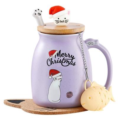 China 380ml Cute Purple Ceramic Coffee Cup Porcelain Christmas Mug with Kitty Lid and Spoon for sale