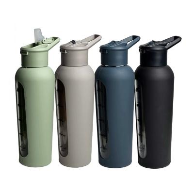 China 700ml 1000ml Motivational Water Bottle with Straw Protective Sleeve Glass Plastic Silicone for sale