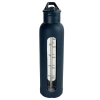 China Motivational Glass Water Bottle 700ml 1000ml with Silicone Sleeve Time Marker Reminder for sale