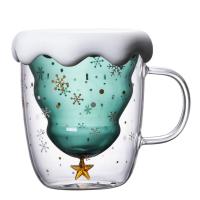 China Christmas Holiday Double Wall Borosilicate Glass Water Cup 300ml with Handle Lid for sale