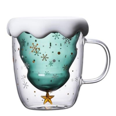 China Christmas Holiday Double Wall Borosilicate Glass Water Cup 300ml with Handle Lid for sale