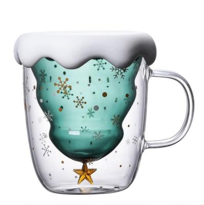 China Christmas Tree Double Glass Mug 200ml 300ml High Borosilicate Heat Resistant Gift for sale