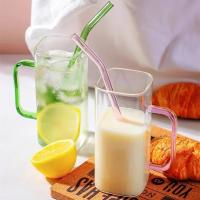 China Customized Logo Acceptable Square Color Handle Glass Cups with Bamboo Lids Straws for sale