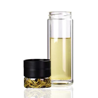 China Glass Water Bottle With Tea Strainer and Double Wall Insulation for Hot Beverages for sale