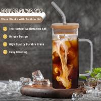 China 350ml Square Glass Cup with Bamboo Lid and Straw for Beer Soda Coffee for sale