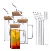 China 320ml Square Glass Cup with Bamboo Lid and Straw Custom Clear Beer Mug for sale