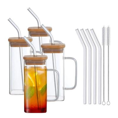 China 320ml Square Glass Cup with Bamboo Lid and Straw Custom Clear Beer Mug for sale