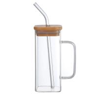 China 320ml Square Glass Cup with Bamboo Lid and Straw Custom Clear Beer Mug for sale