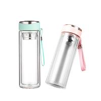 China 320ML Double Walled Glass Water Bottle with Infuser in Pink Customized Logo Acceptable for sale