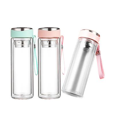 China Zhishang 320ml Double Wall Glass Water Bottle with Tea Infuser High Borosilicate for sale