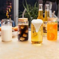 China 16oz Glass Can Shaped Mug with Bamboo Lid for Ice Cream Soda Coffee Tea 7x7.5x13.5cm for sale