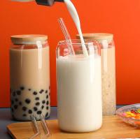 China 16oz Glass Can Shaped Mug with Bamboo Lid for Ice Cream Soda Coffee Tea 7x7.5x13.5cm for sale