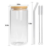 China 16oz Glass Can Shaped Mug with Bamboo Lid for Ice Cream Soda Coffee Tea 7x7.5x13.5cm for sale