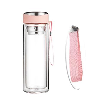 China 320ml Pink Double Wall Glass Water Bottle with Tea Infuser and Lid for sale