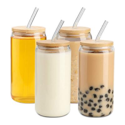 China 16oz Glass Can with Straw for Beverages Soda Milk Tea Beer 7x7.5x13.5cm for sale